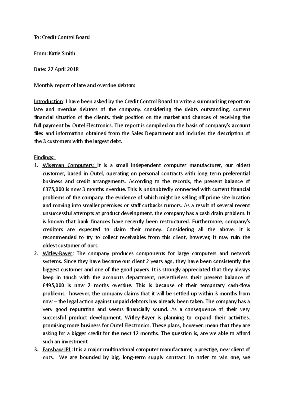 Monthly report of late and overdue debtors - To: Credit Control Board ...