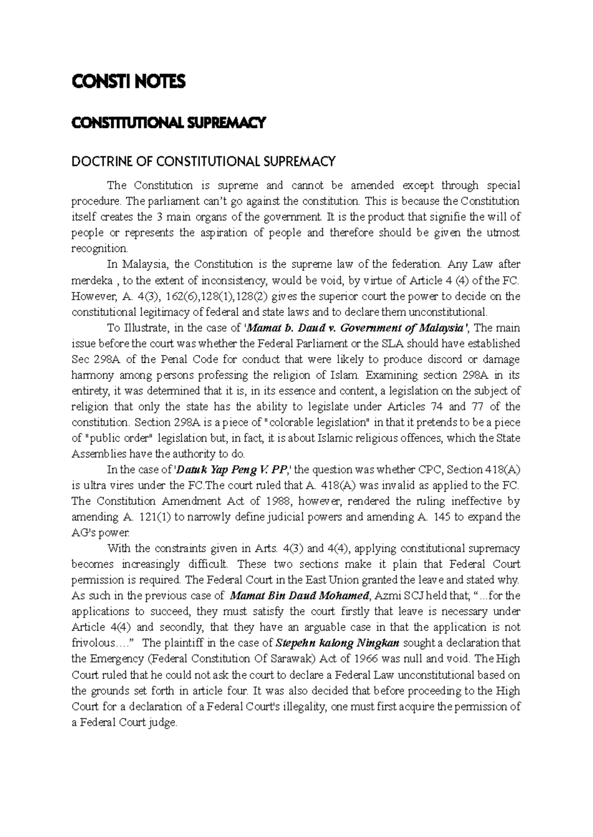 Constitutional LAW Notes - CONSTI NOTES CONSTITUTIONAL SUPREMACY ...