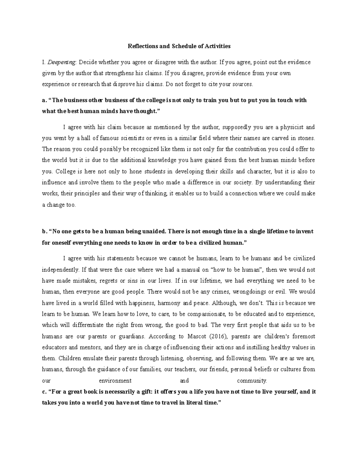 Module 1 Assignment#1 - Individual classwork - Reflections and Schedule ...