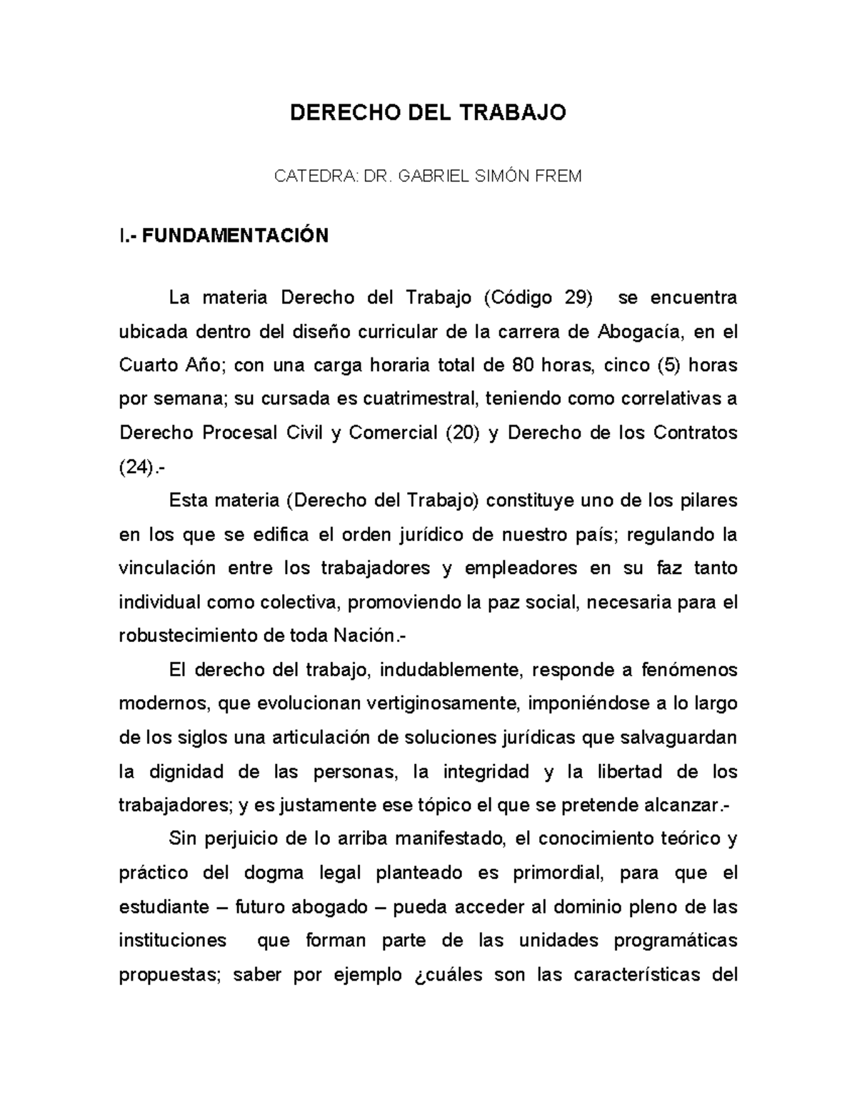 U.N.L.Z. - Programa DE Estudio Y Bibliografia - DERECHO DEL TRABAJO ...