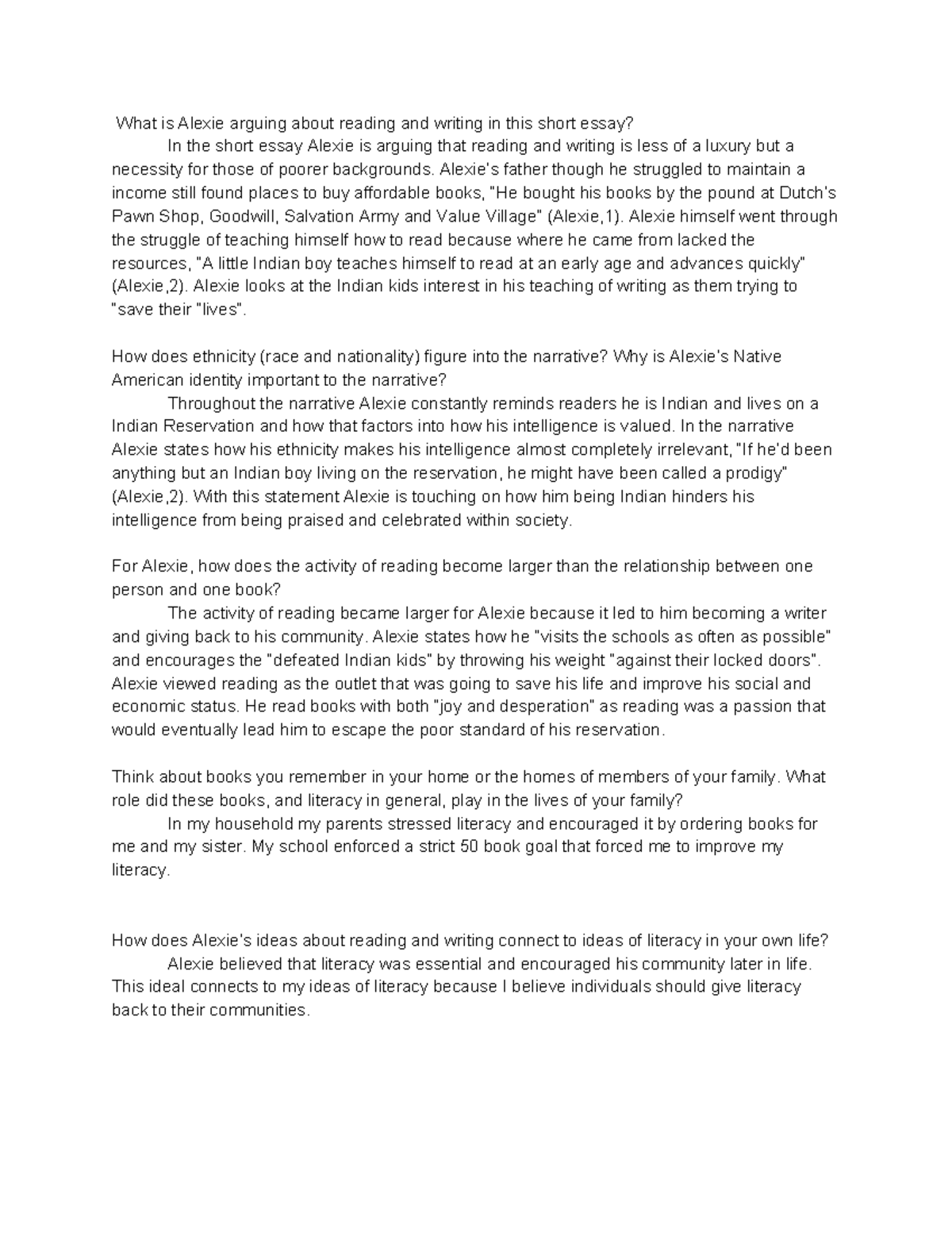 Alexie Responses What Is Alexie Arguing About Reading And Writing In