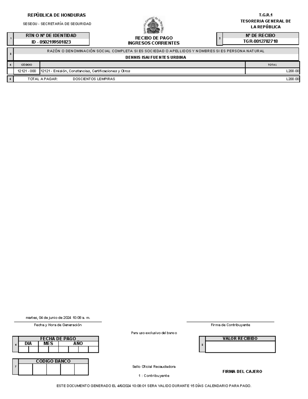 Recibo TGR-12782718 - 4 CÓDIGO TOTAL 12121 - 000 12121 - Emisión ...