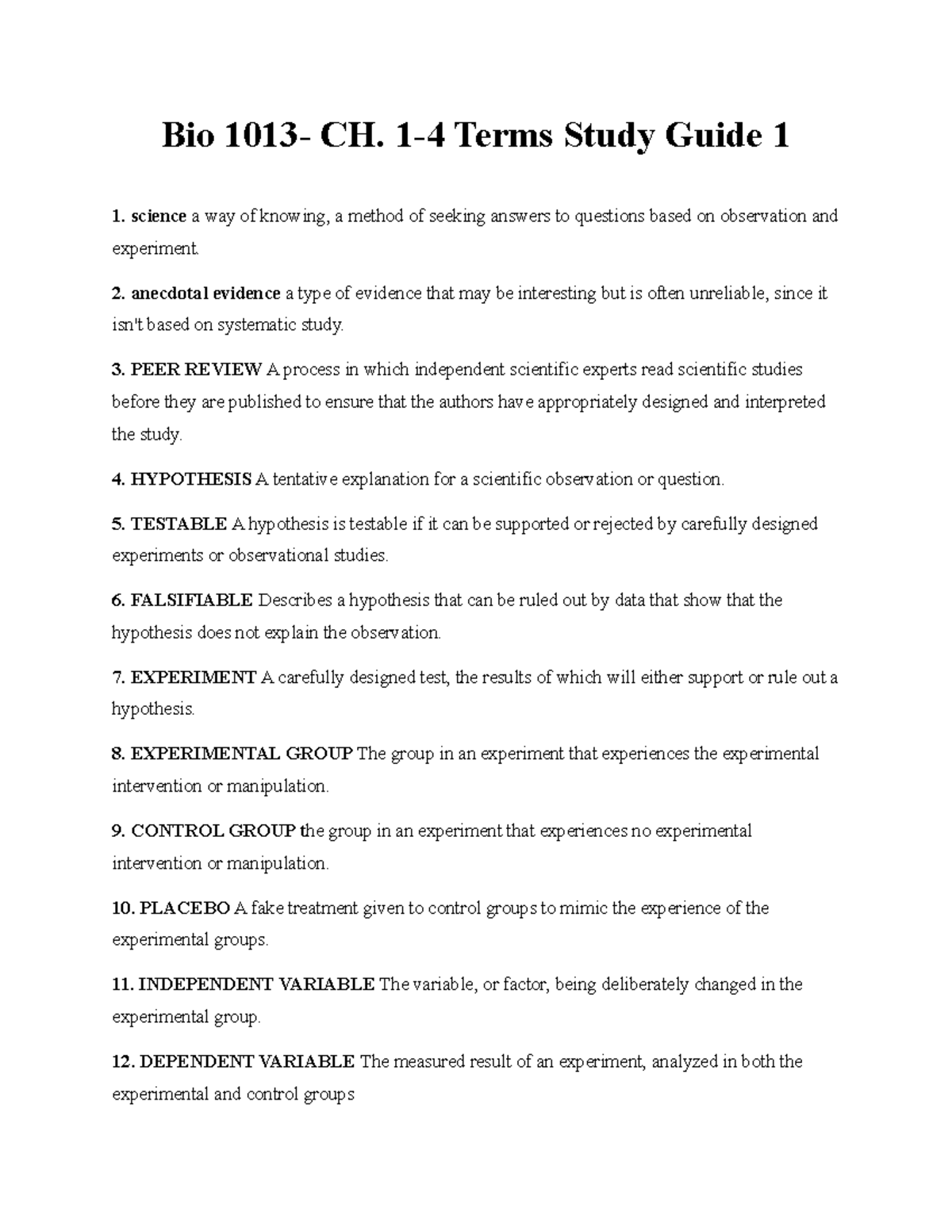 Bio 1013- CH. 1-4 Terms Study Guide 1 - Bio 1013- CH. 1-4 Terms Study Guide 1 science a way of ...