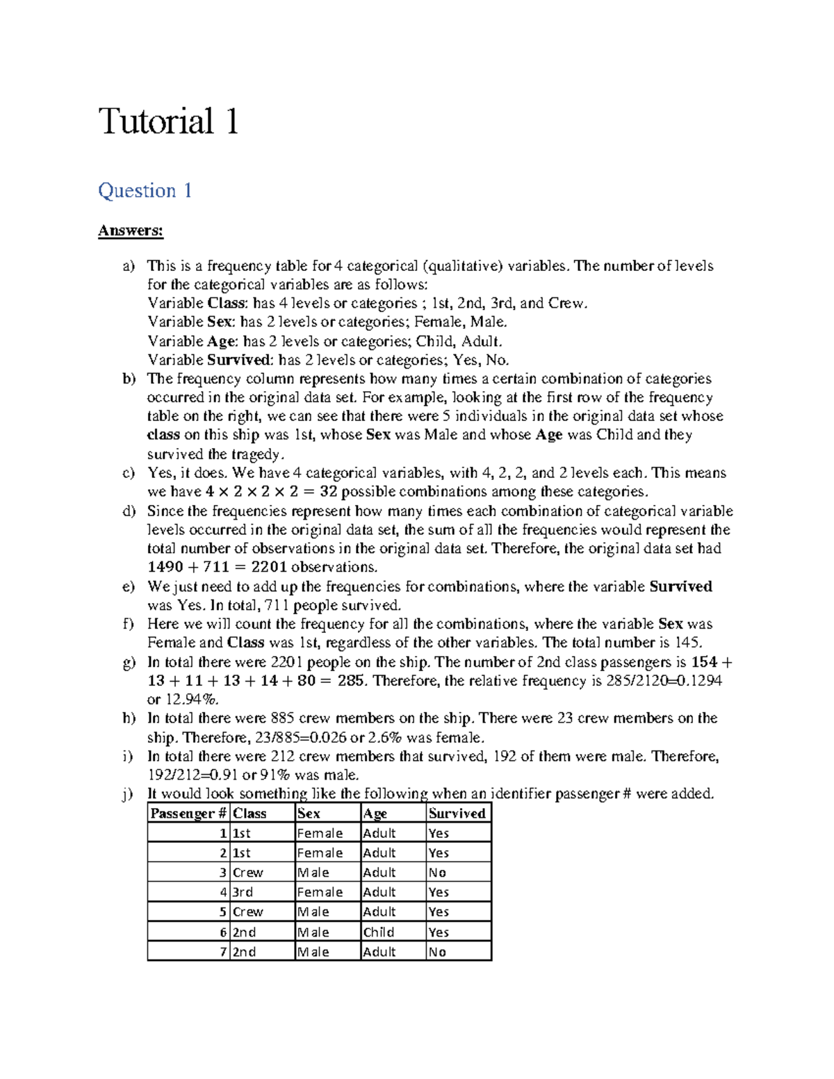 Tutorial 1 (Answers) - Tutorial 1 Question 1 Answers: a) This is a frequency table for 4 ...