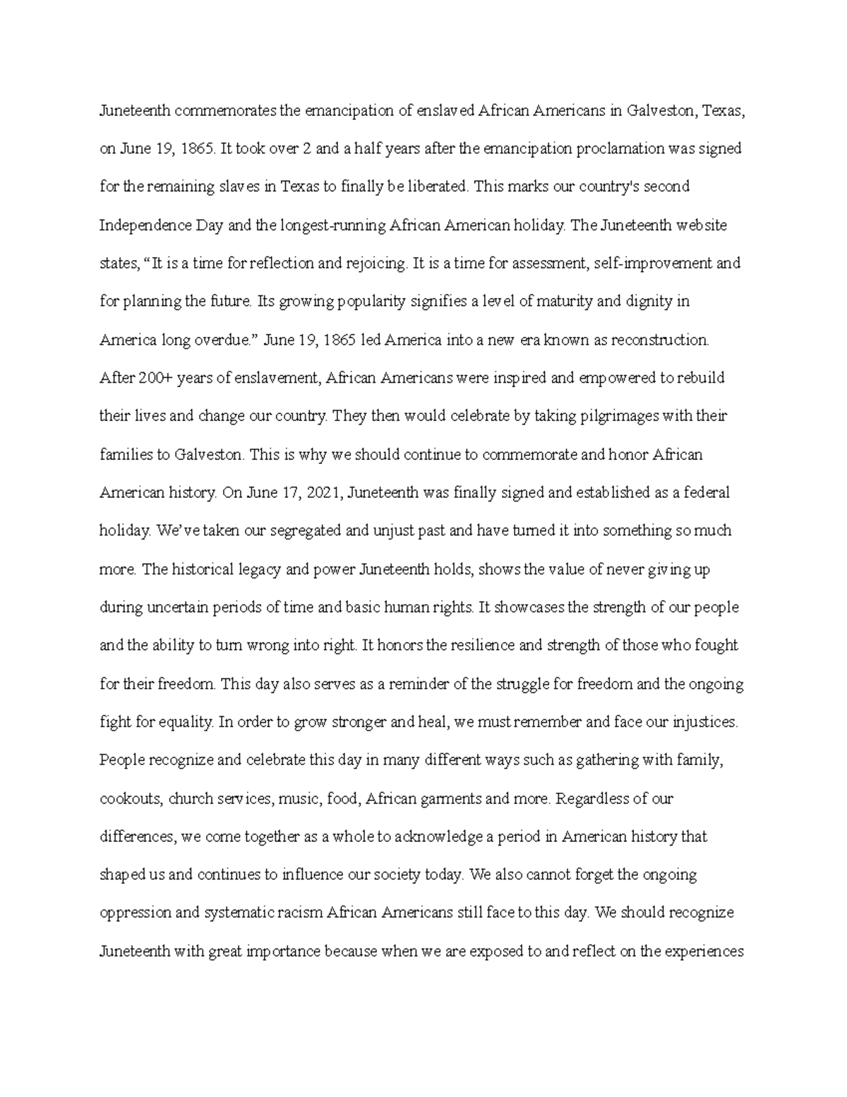 Juneteenth Essay - Juneteenth commemorates the emancipation of enslaved ...