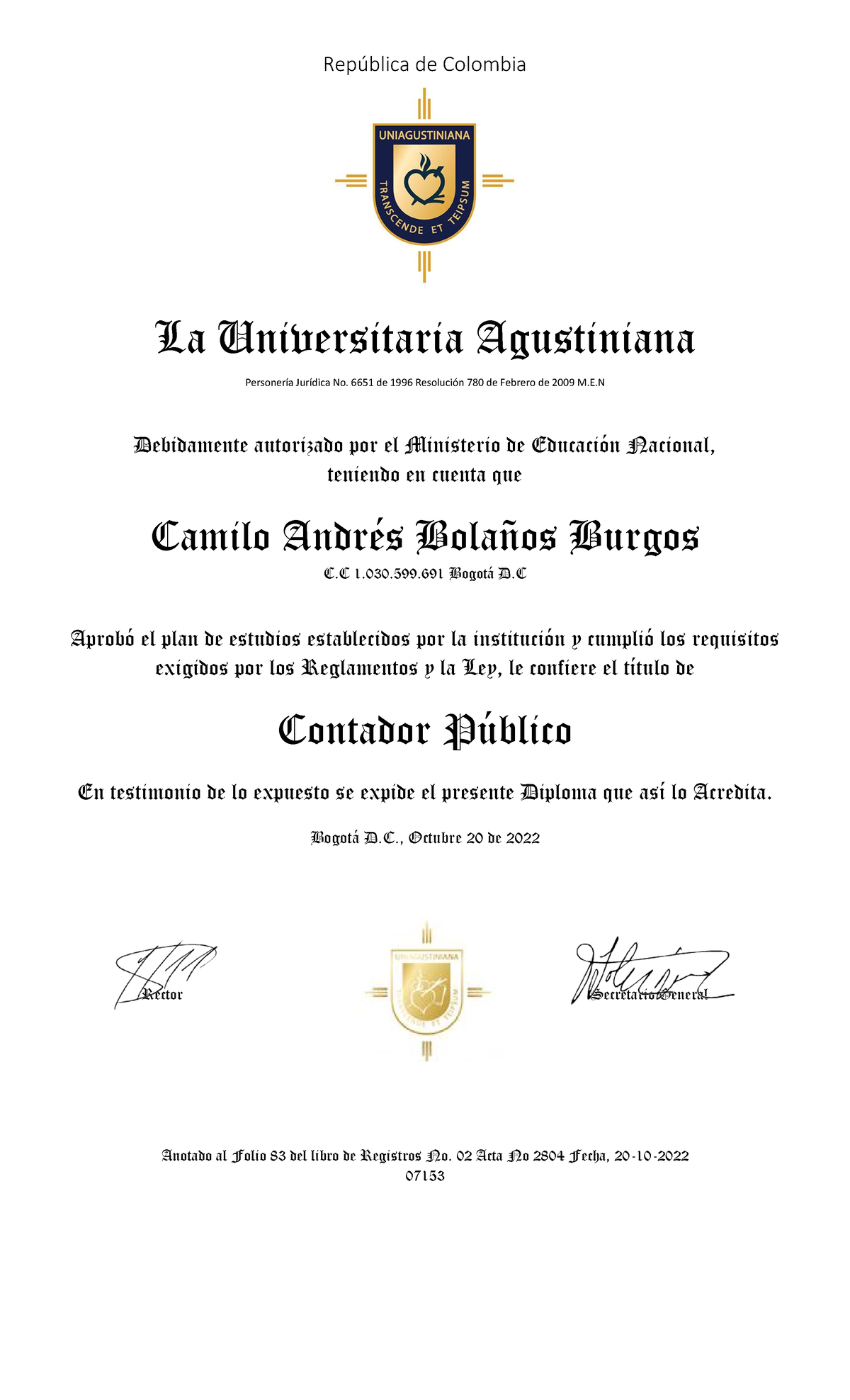 Diploma universidad agustiniana - República de Colombia La ...