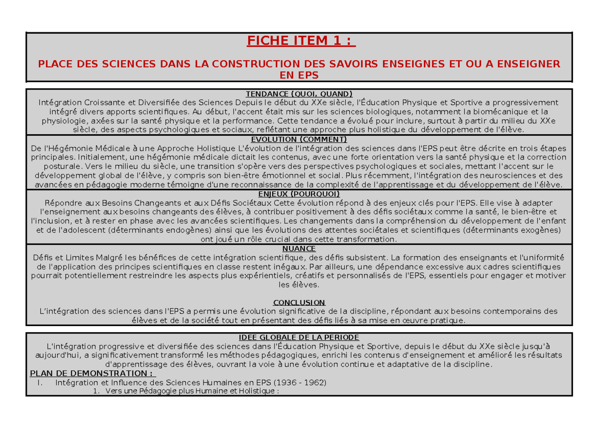 Fiche ITEM 1 Place des sciences dans la construction des savoirs enseignés et ou à enseigner en ...