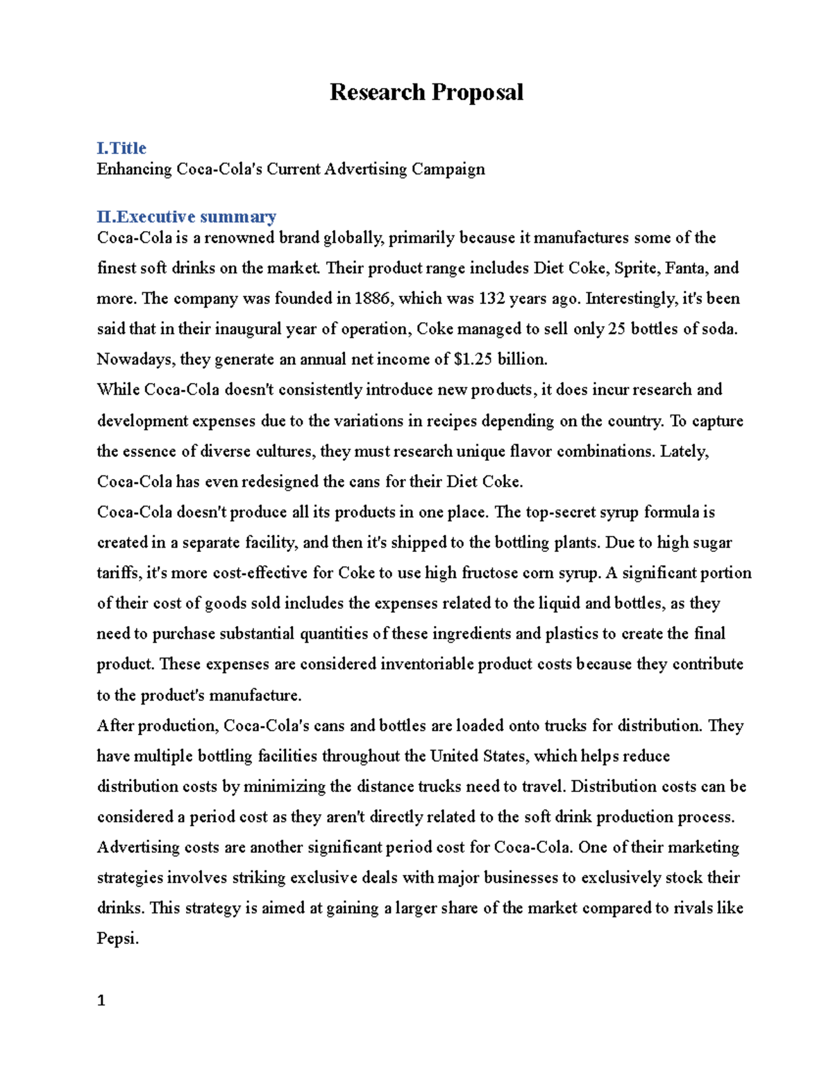 Research Proposal - Research Proposal I Enhancing Coca-Cola's Current ...