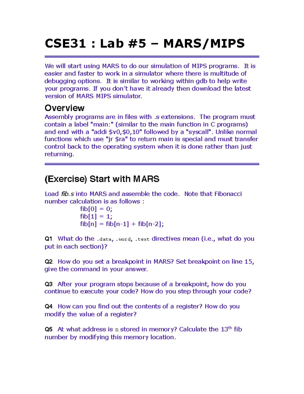 CSE31 lab05 - Instructor: Chi Yan Leung - CSE31 : Lab #5 – MARS/MIPS We will start using MARS to ...
