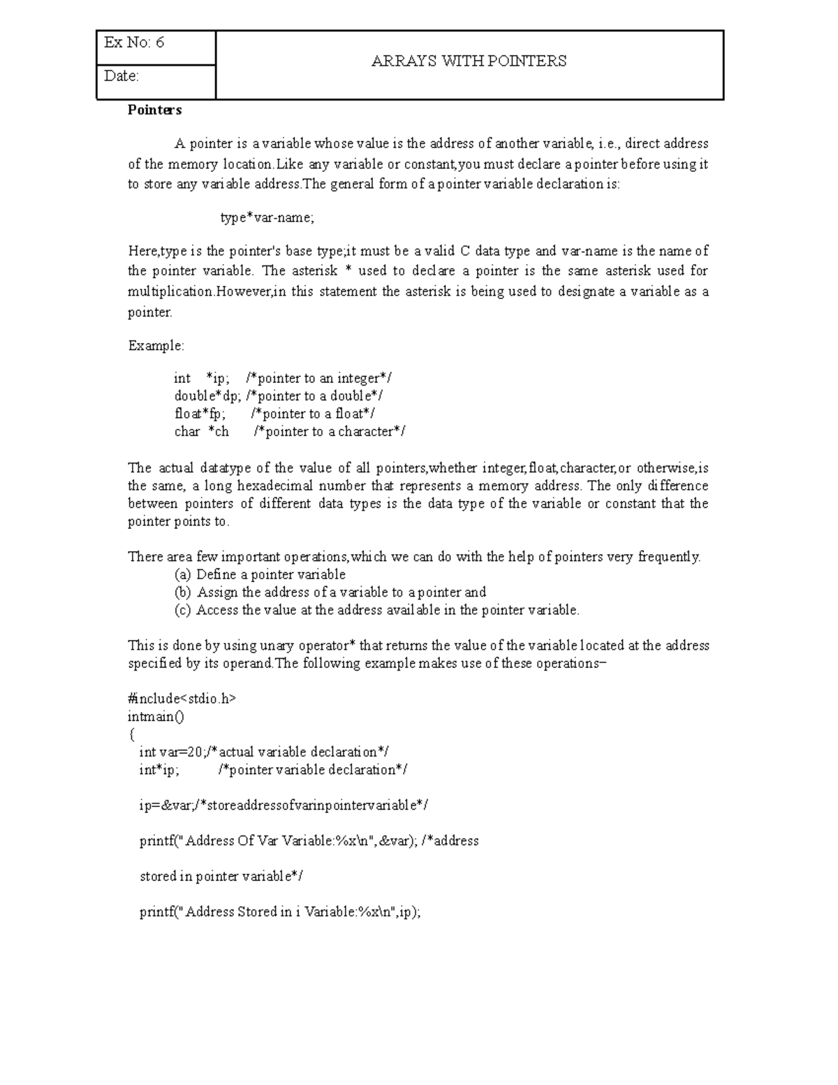 PPS Lab Manual (Exp6-10) - Pointers A pointer is a variable whose value is the address of ...