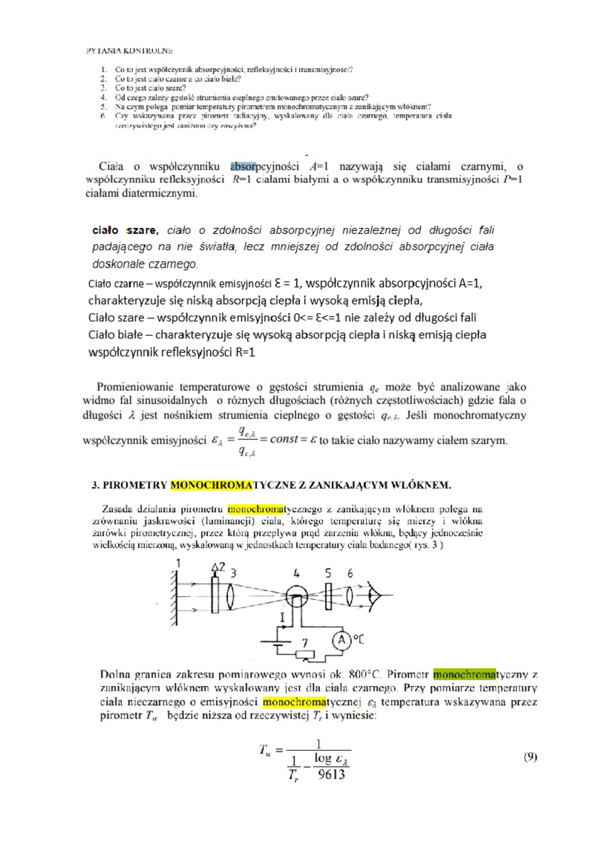 Cieplo cw 3 - asaadssad - PYTANIA KONTROLNE 1. Co to jest wspolczynnik absorpeyjnosci, - Studocu