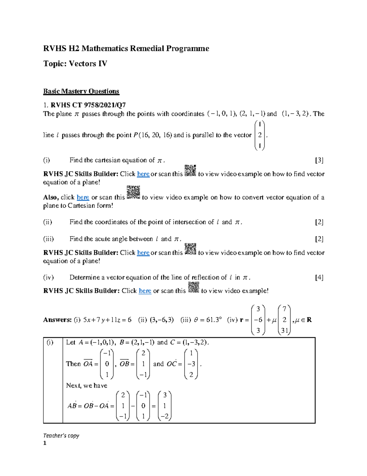 H2MA Remedial Vectors IV Solution (RVHS) - Teacher’s copy RVHS H2 ...
