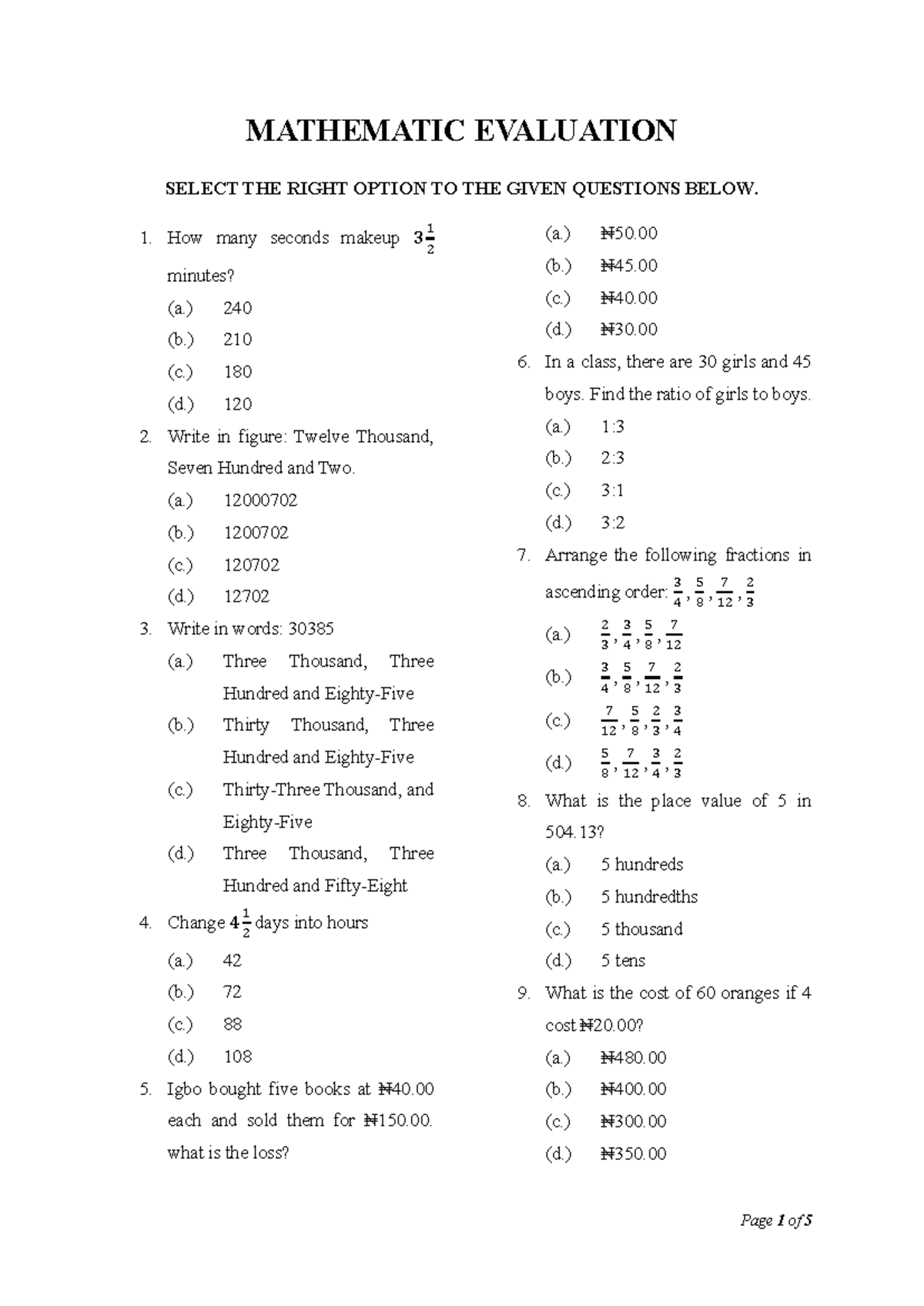 Mathematic Evaluation - MATHEMATIC EVALUATION SELECT THE RIGHT OPTION ...