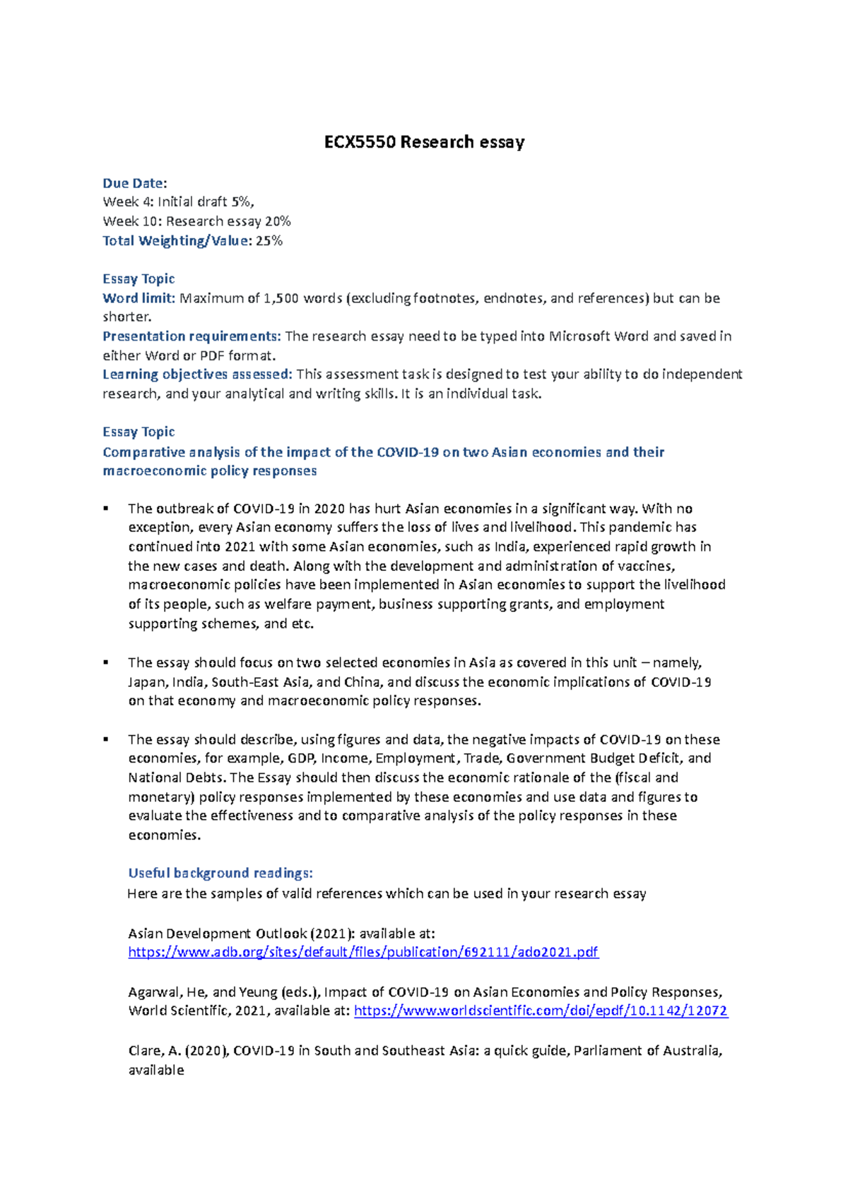 Research Essay ECX5550 - ECX5550 Research essay Due Date: Week 4 ...