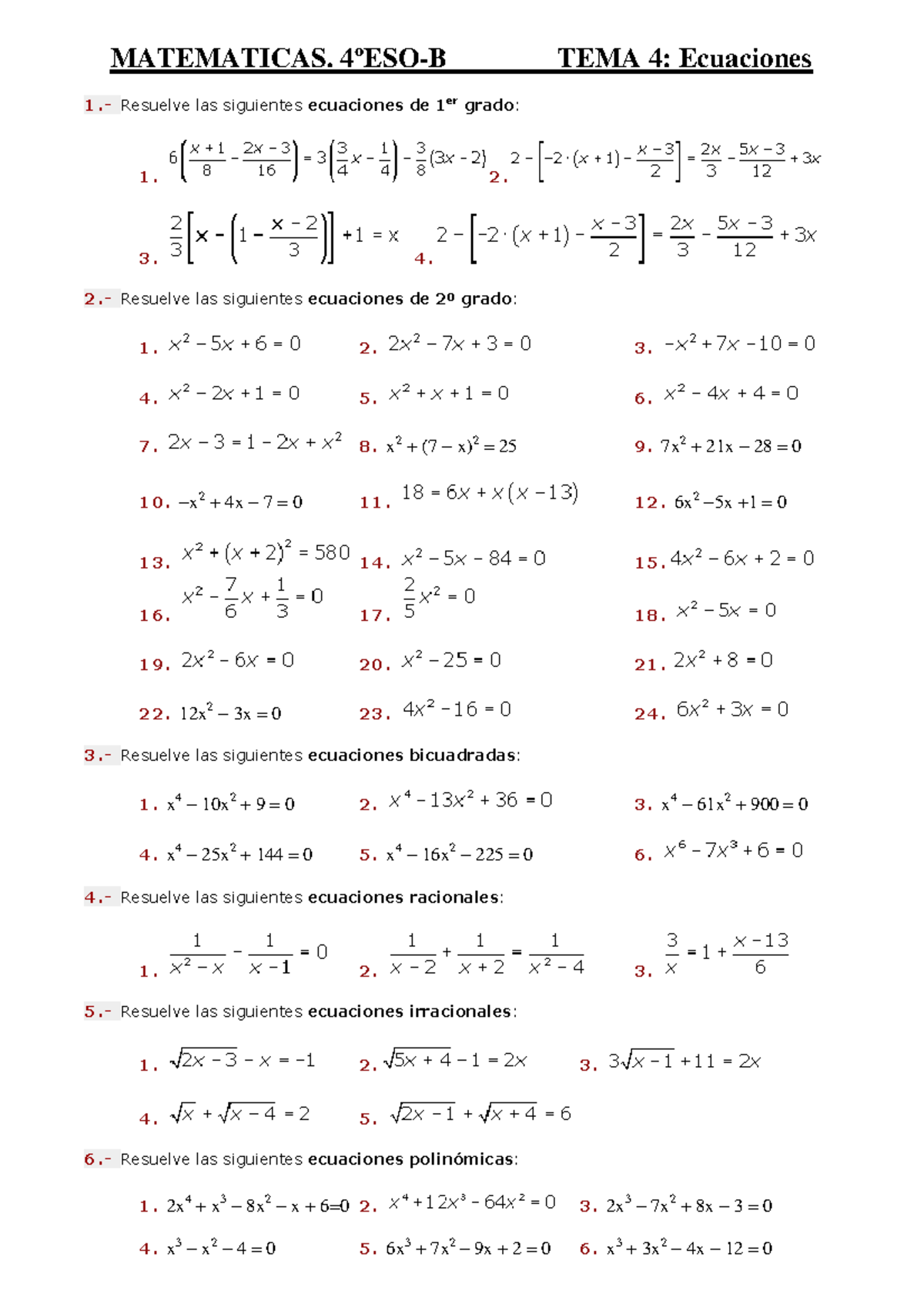 Ecuaciones 4º ESO - fnerjbfief - MATEMATICAS. 4ºESO-B TEMA 4: Ecuaciones 1. - Resuelve las - Studocu