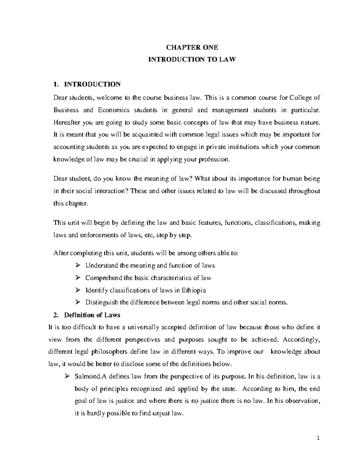 Introduction to law - Good - CHAPTER ONE INTRODUCTION TO LAW 1 ...
