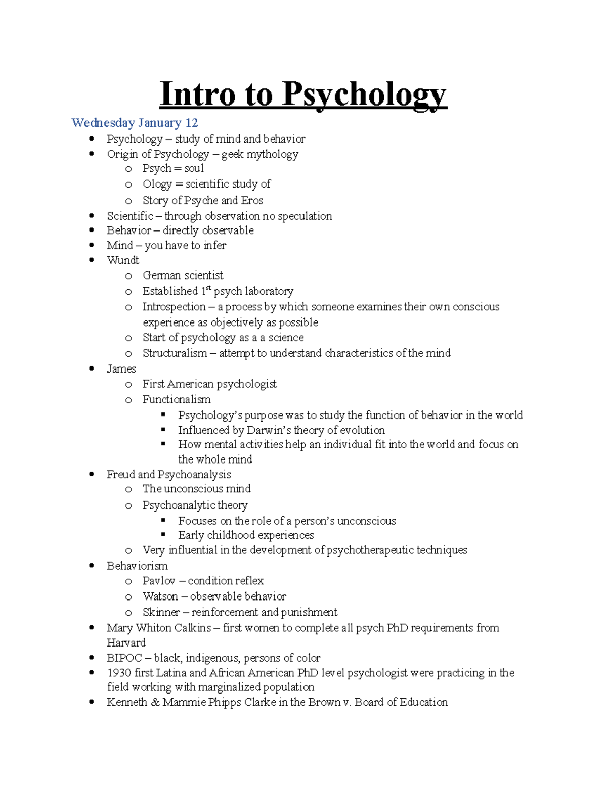 Psych Notes - Intro to Psychology Wednesday January 12 Psychology ...