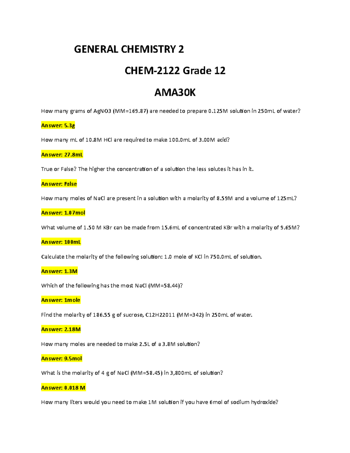 Chem 2nd sem - Chemistry 2 - GENERAL CHEMISTRY 2 CHEM-2122 Grade 12 ...