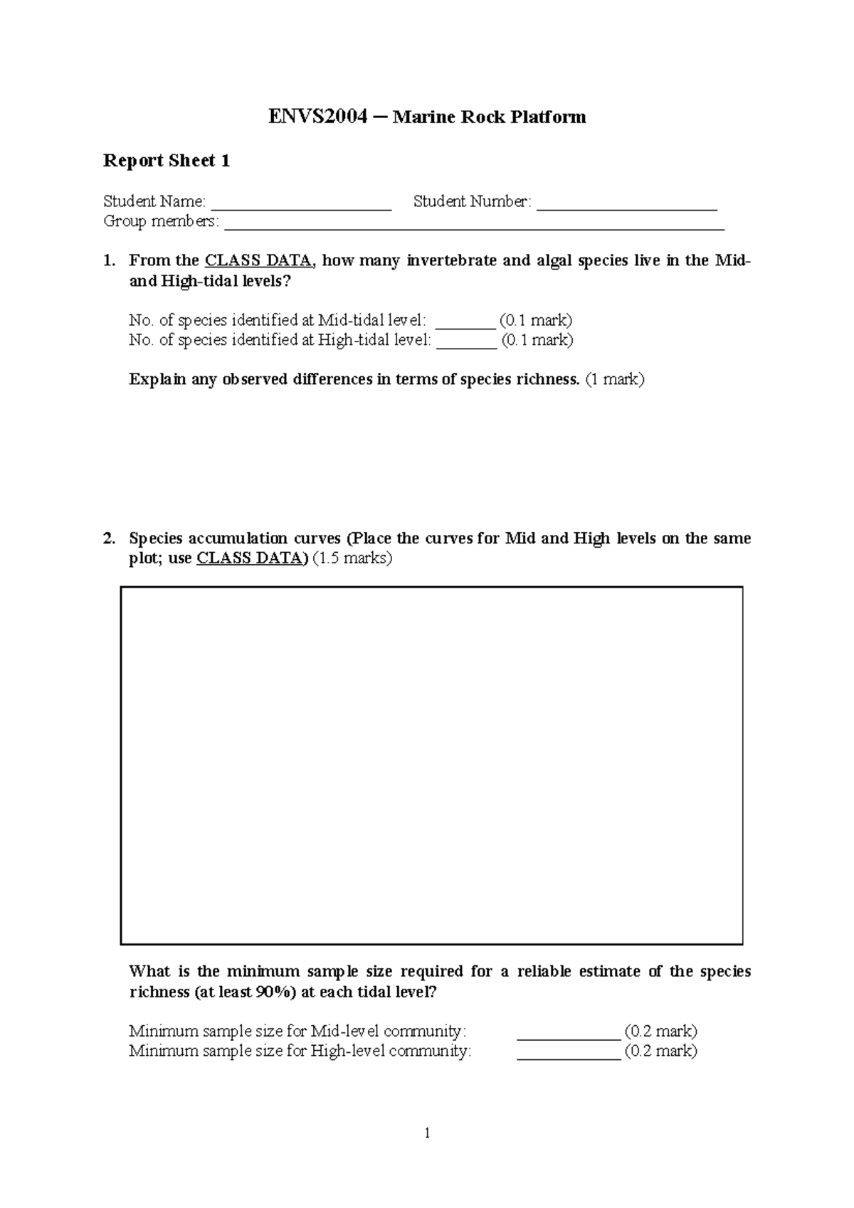 Marine rock platform Report sheets - ENVS2004 ─ Marine Rock Platform Report Sheet 1 Student Name ...
