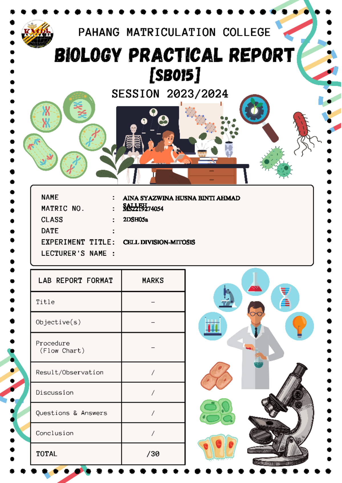 Lab Report Cover SB015 - Biology - AINA SYAZWINA HUSNA BINTI AHMAD ...