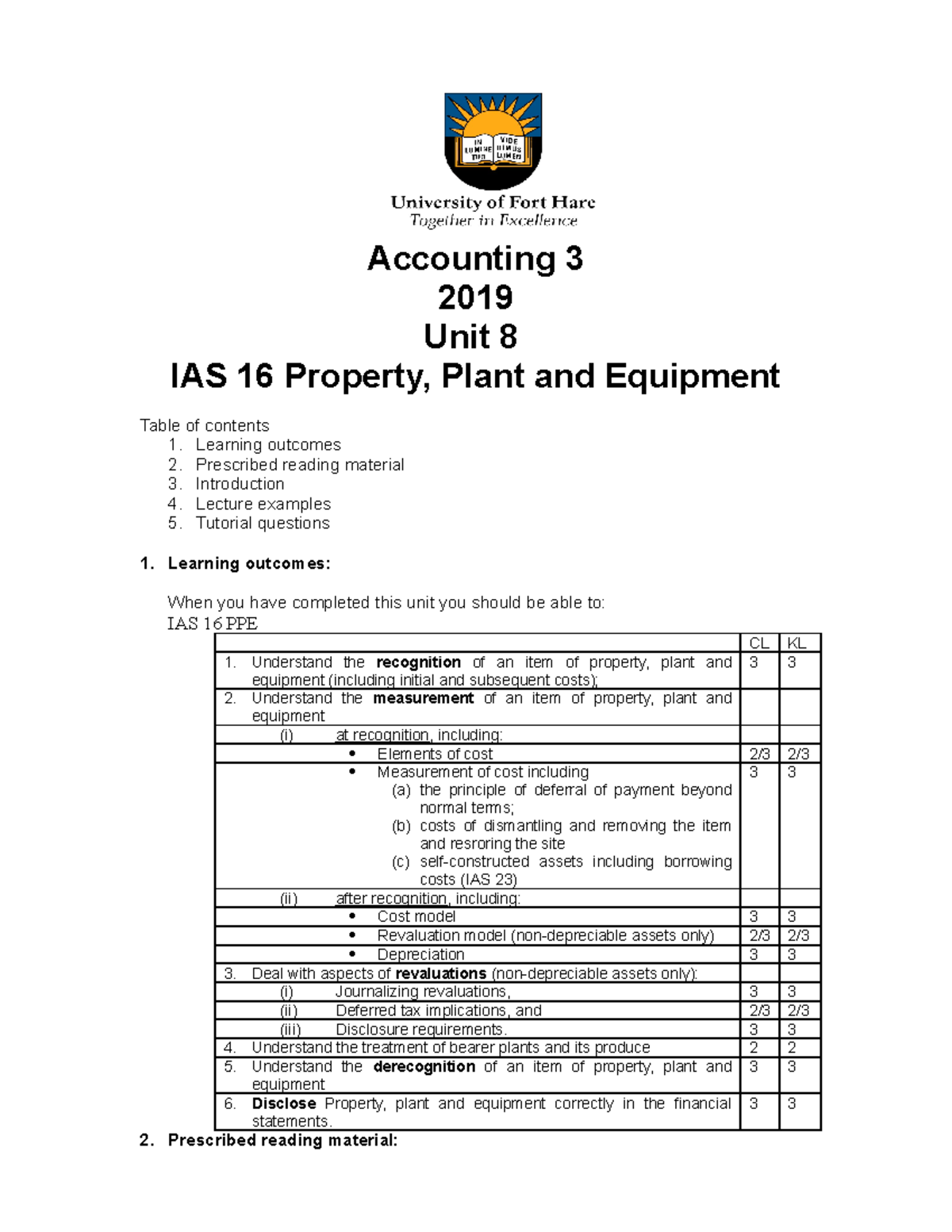 Unit 8 PPE unit handout 2019 - Accounting 3 2019 Unit 8 IAS 16 Property ...