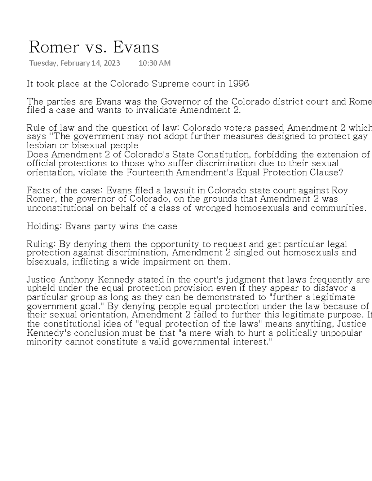 Romer vs. Evans - Case briefs and notes - It took place at the Colorado ...