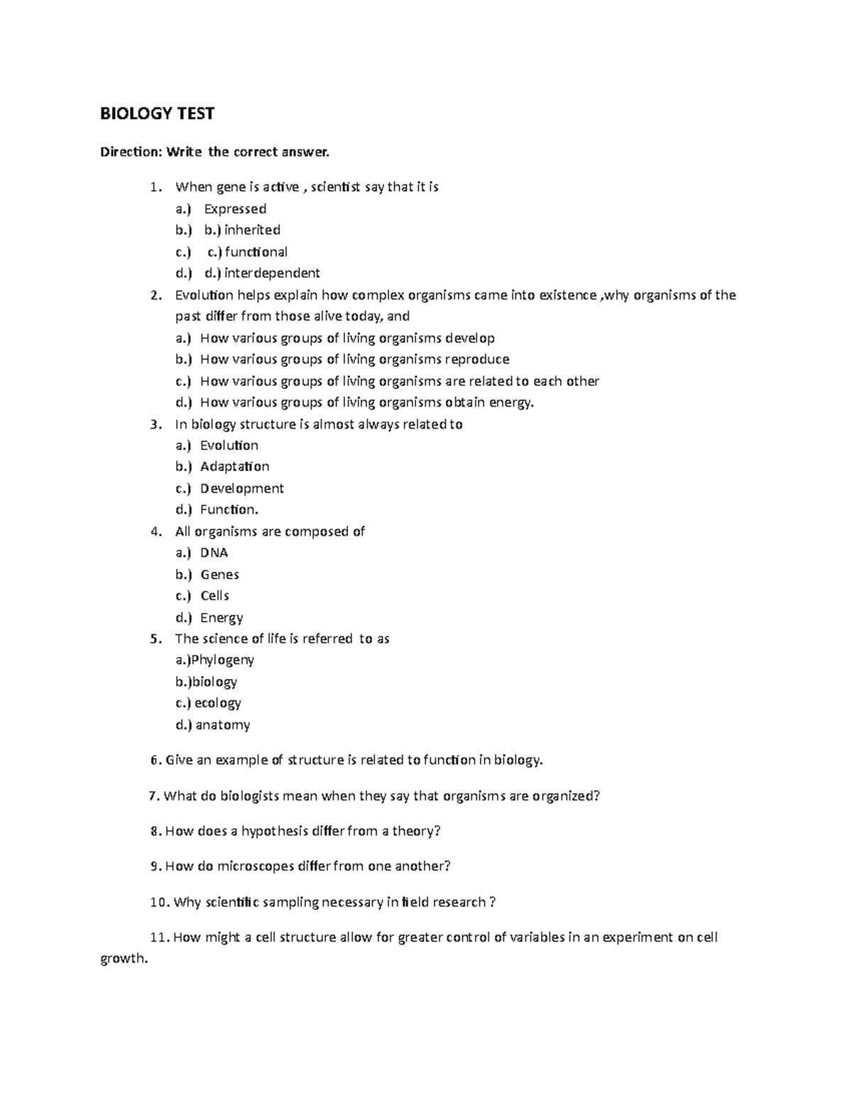 Biology TEST - BIOLOGY TEST Direction: Write the correct answer. 1 ...