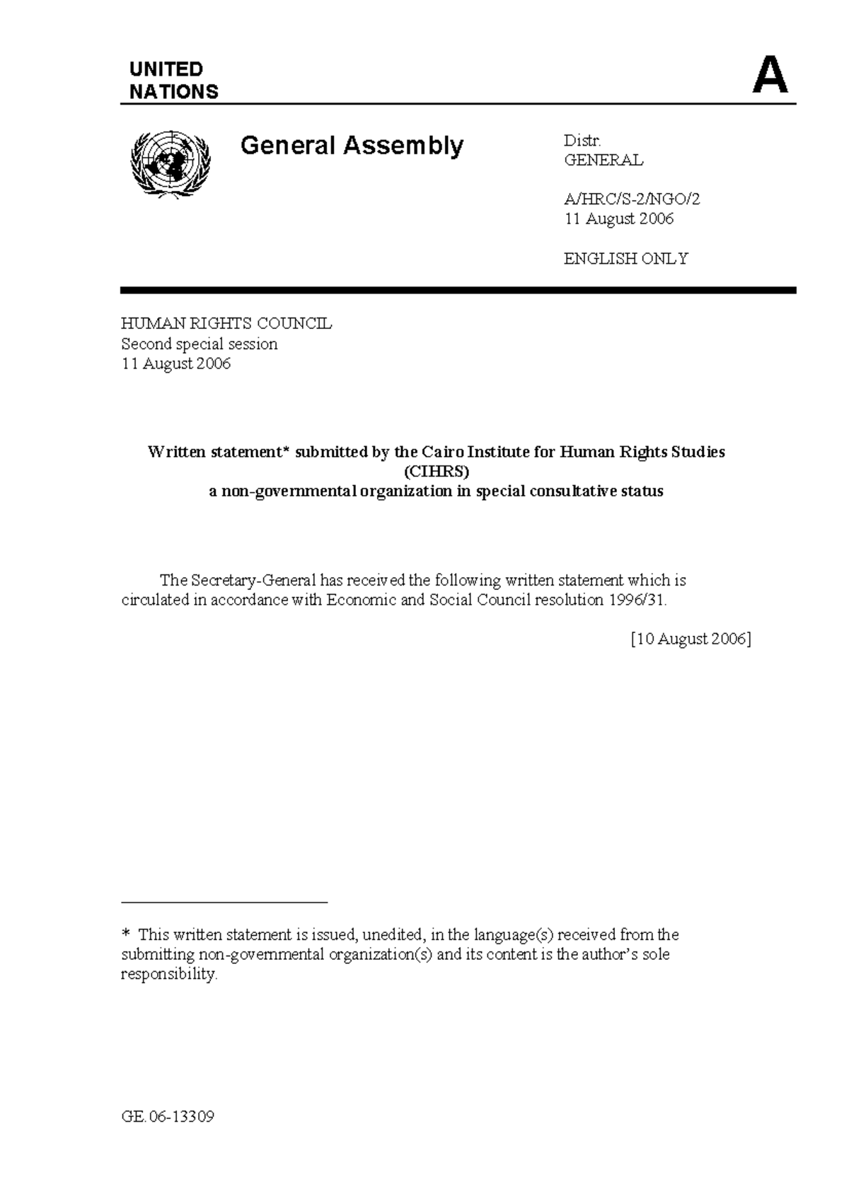 A HRC S-2 NGO 2-EN - pppppp - GE- UNITED NATIONS A General Assembly Distr. GENERAL A/HRC/S-2/NGO ...