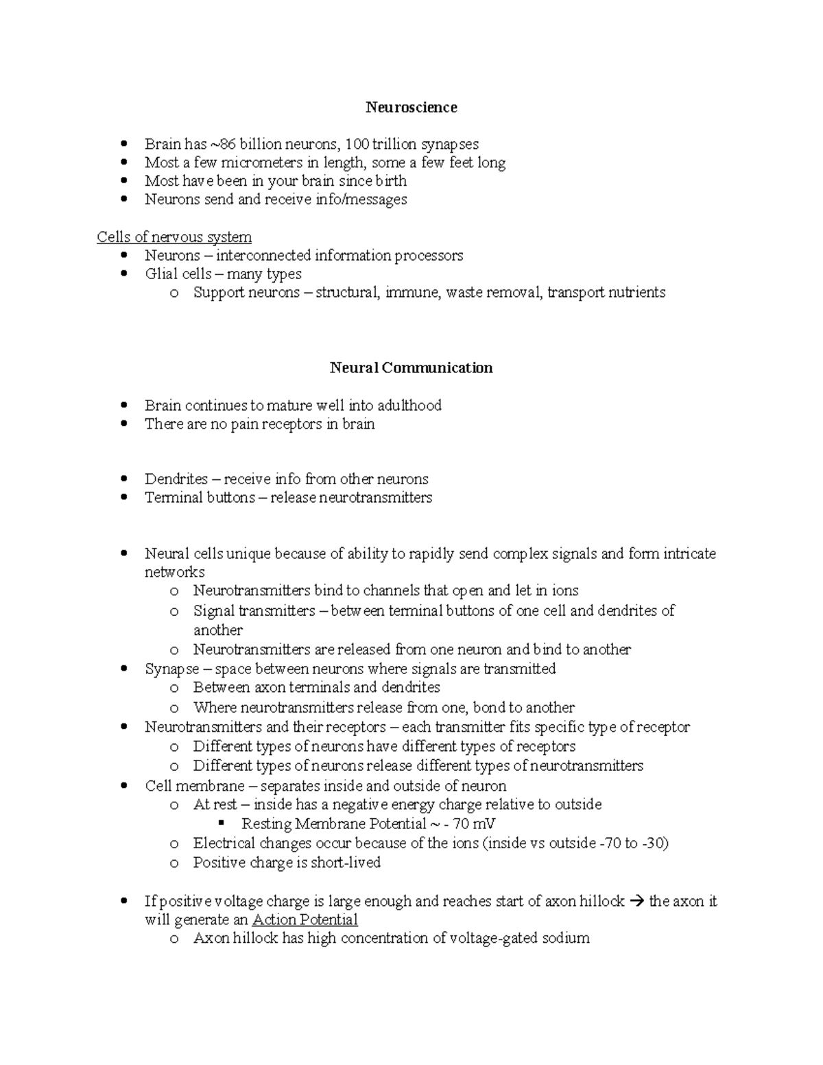 Neuroscience - Lecture notes 3 - Neuroscience Brain has ~86 billion ...