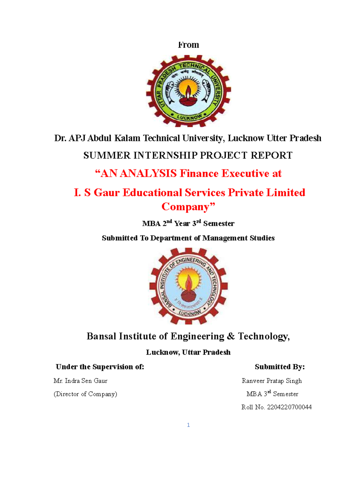 Internship file - From Dr. APJ Abdul Kalam Technical University ...