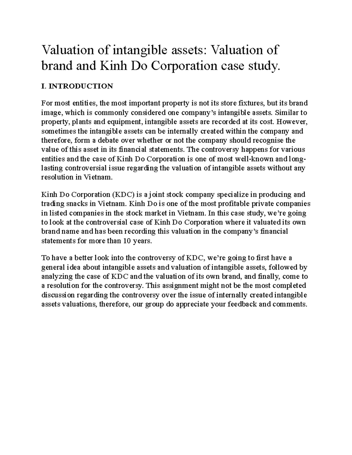 Kinh Do Corp case study docx - Valuation of intangible assets ...