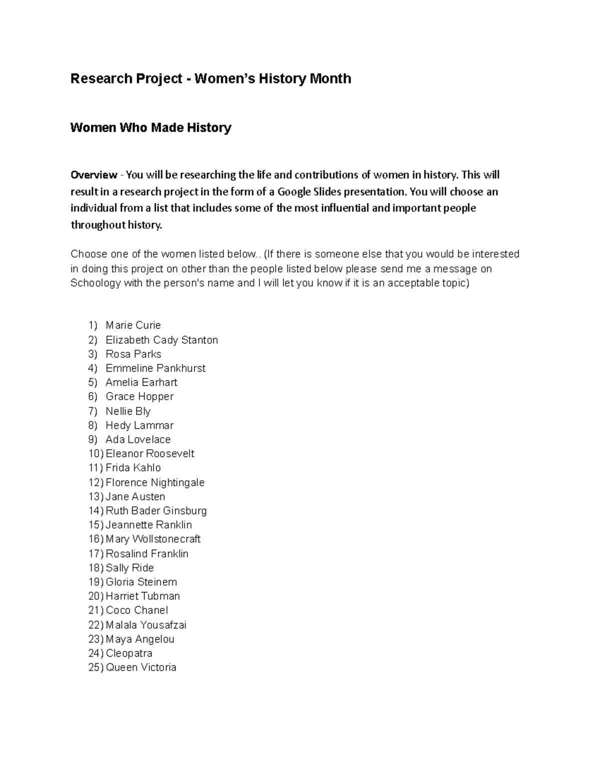 Research Project - Womens History Month - Research Project - Women’s ...