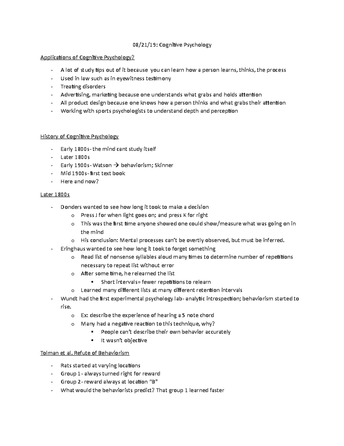 Cognitive Psychology - Lecture notes All lectures - 08/21/19: Cognitive ...