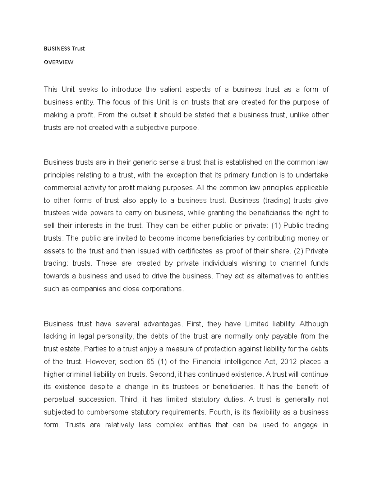Business Trust - notes - BUSINESS Trust OVERVIEW This Unit seeks to ...