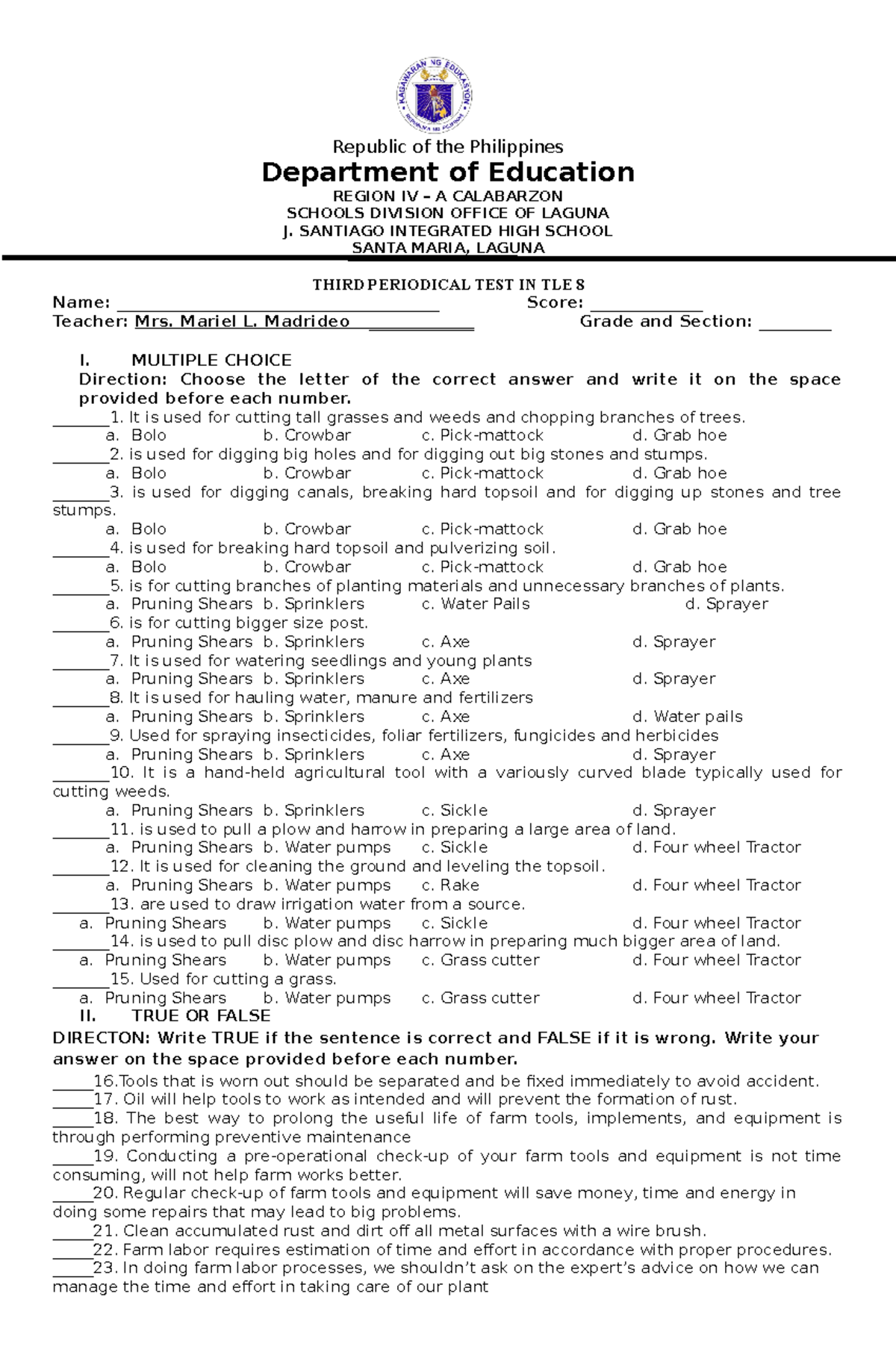 4. TEST- TLE 8- Agricrop - Republic of the Philippines Department of ...