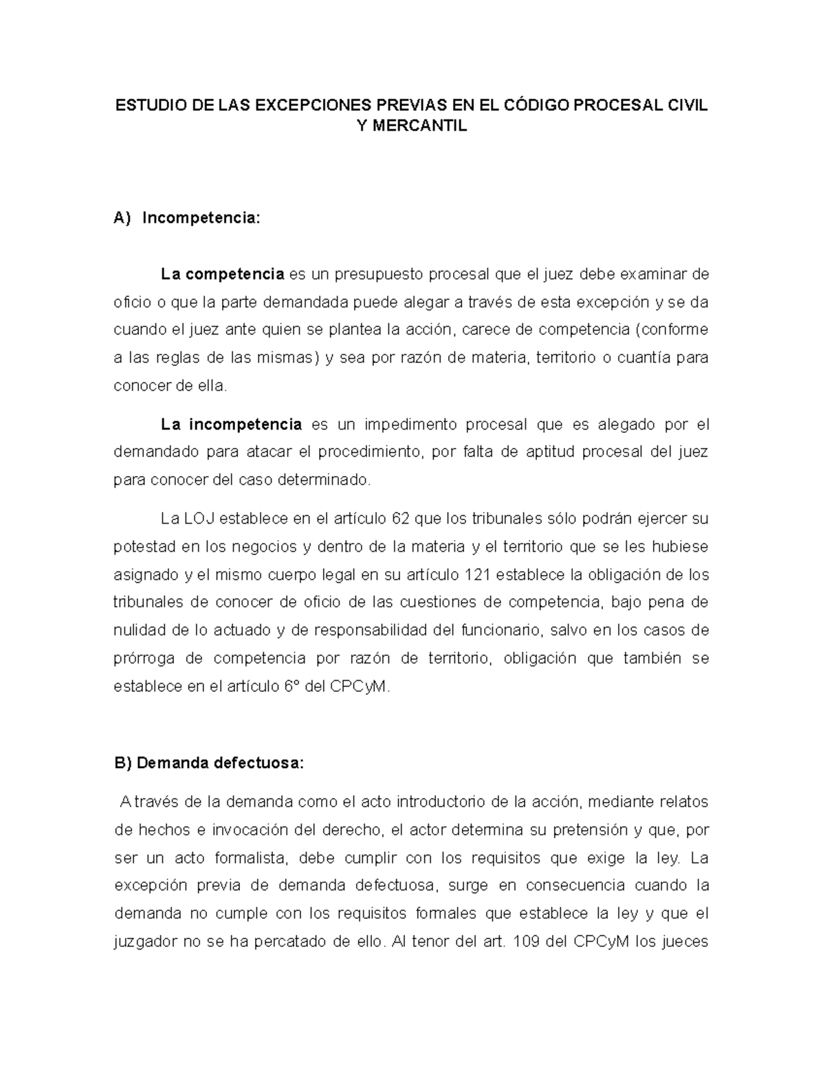 Estudio DE LAS Excepciones Previas EN EL Código Procesal Civil Y ...
