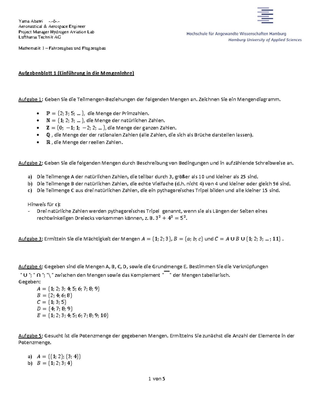 Aufgabenblatt 1 - Mengenlehre - Aeronautical & Aerospace Engineer ...