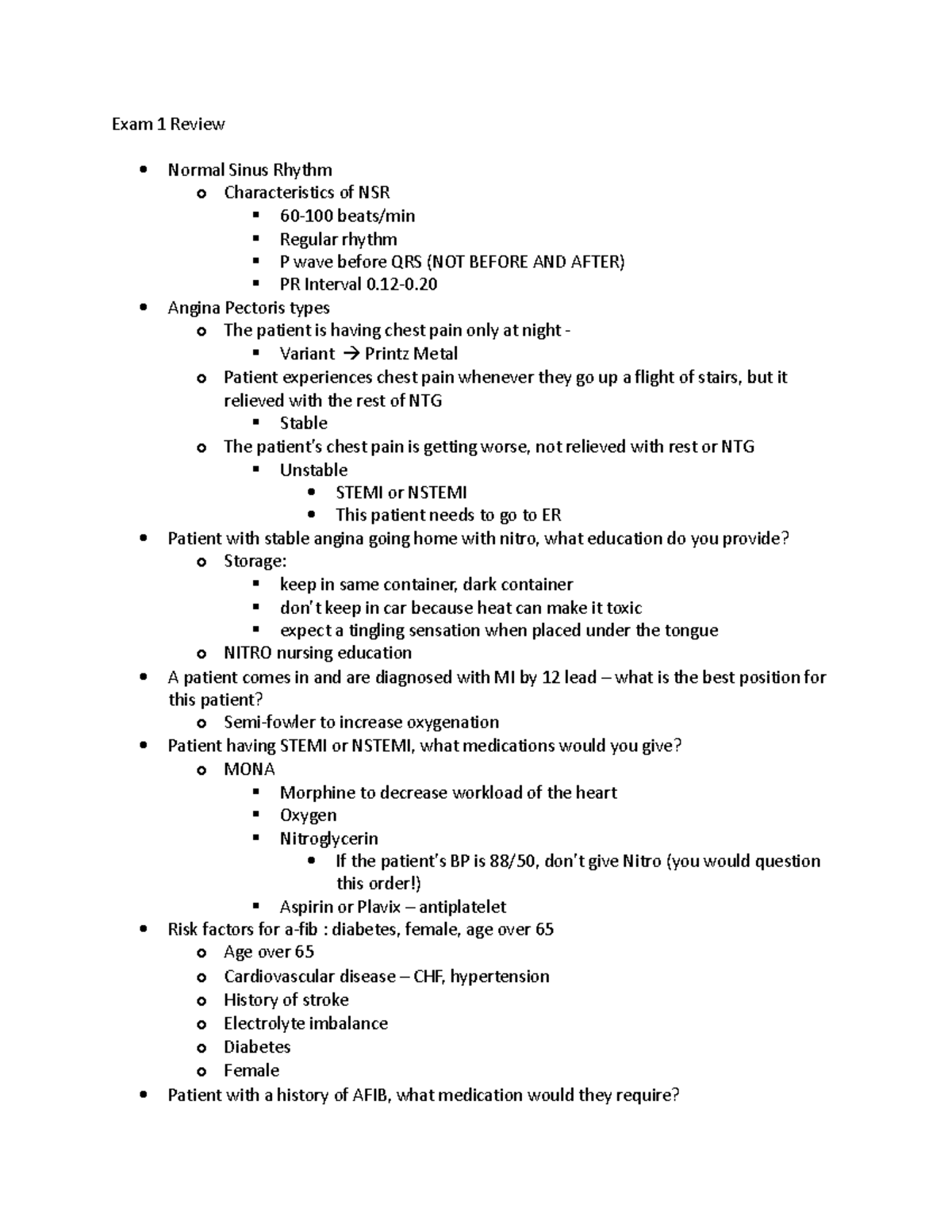 Exam 1 Review Summary - Exam 1 Review Normal Sinus Rhythm o ...