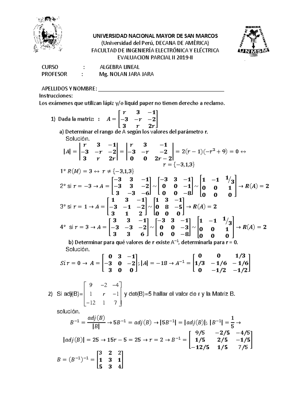 Algebra Lineal Evaluacion II F Resuelto 2019-II (10) - Warning: TT: undefined function: 32 - Studocu