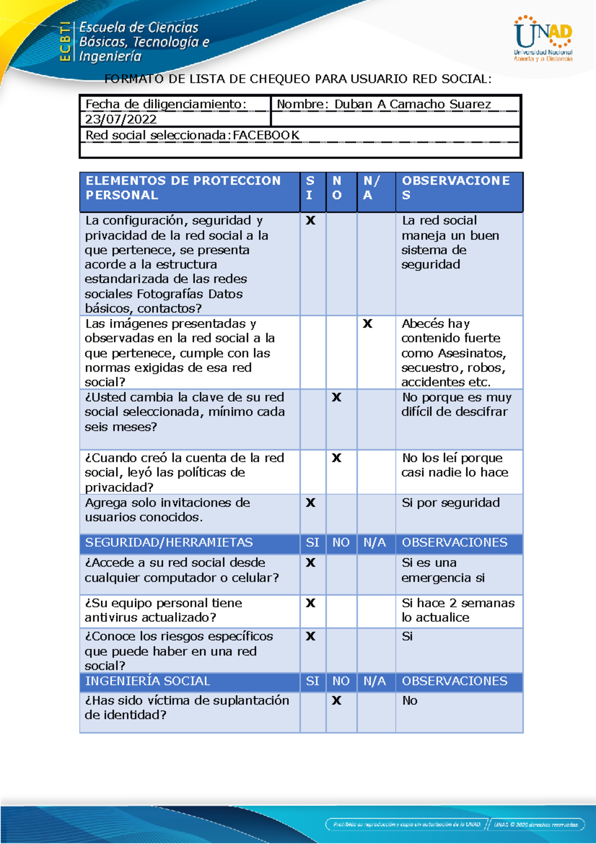 Anexo 3 - Lista de chequeo - FORMATO DE LISTA DE CHEQUEO PARA USUARIO RED SOCIAL: Fecha de - Studocu