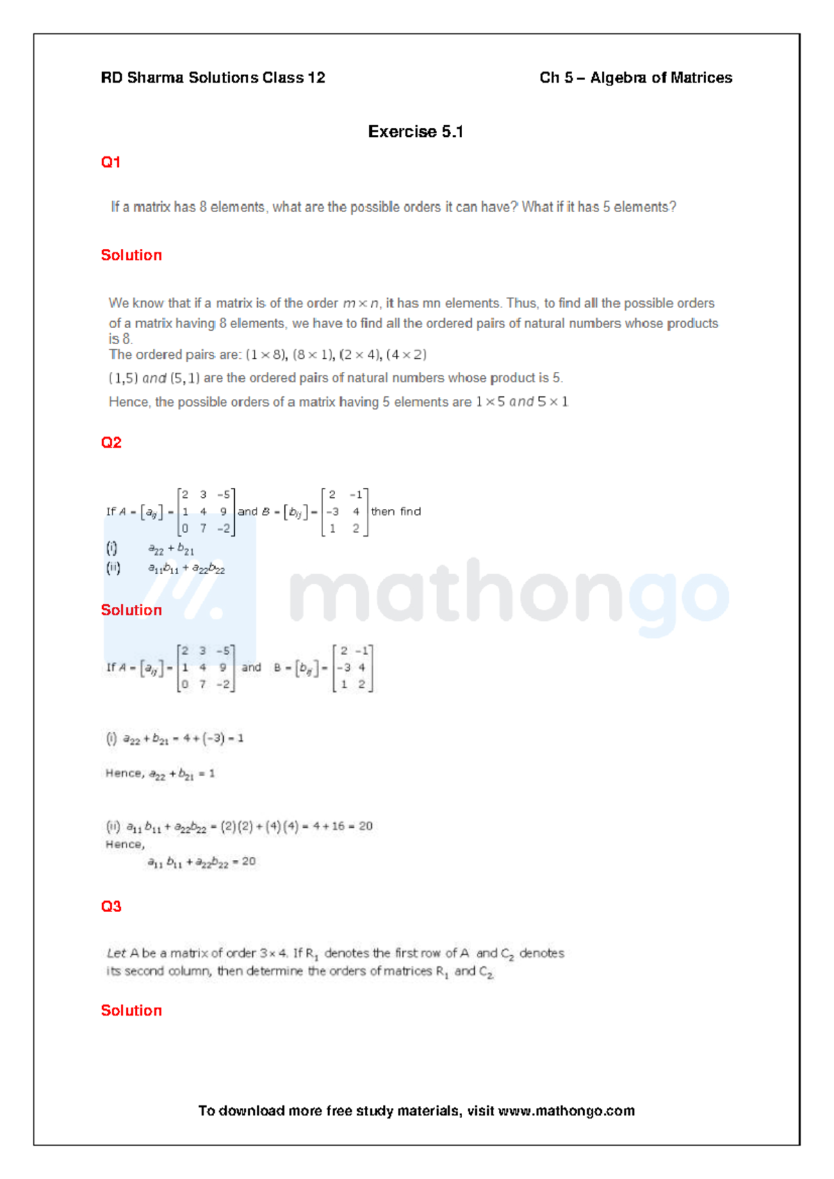 RD- Sharma- Class 12 Chapter 05 Algebra of Matrices - Mathematics: Applications and ...