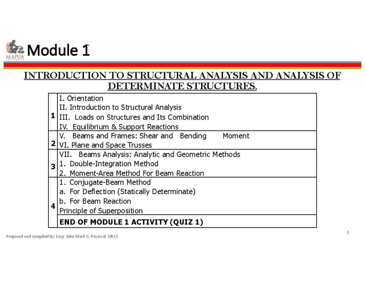 Module 1- Week 1 Slides 1 to 57 - Module 1 1 INTRODUCTION TO STRUCTURAL ANALYSIS AND ANALYSIS OF ...