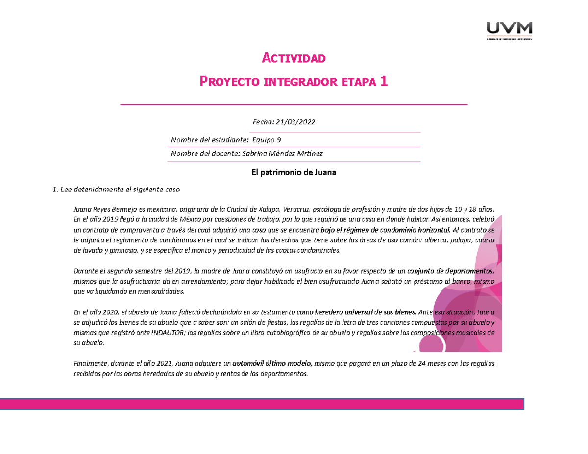 A3 bienes y derechos reales - ACTIVIDAD PROYECTO INTEGRADOR ETAPA 1 El patrimonio de Juana 1 ...