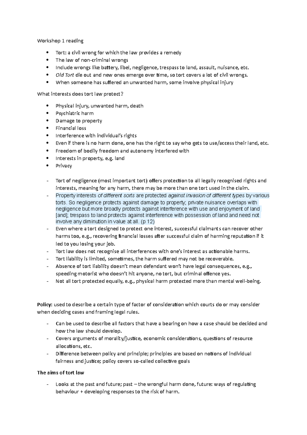 WS1 - reading notes - Workshop 1 reading Tort: a civil wrong for which ...