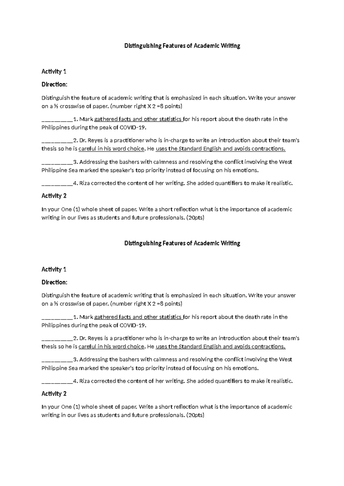 Activity 7 - Distinguishing Features of Academic Writing Activity 1 ...