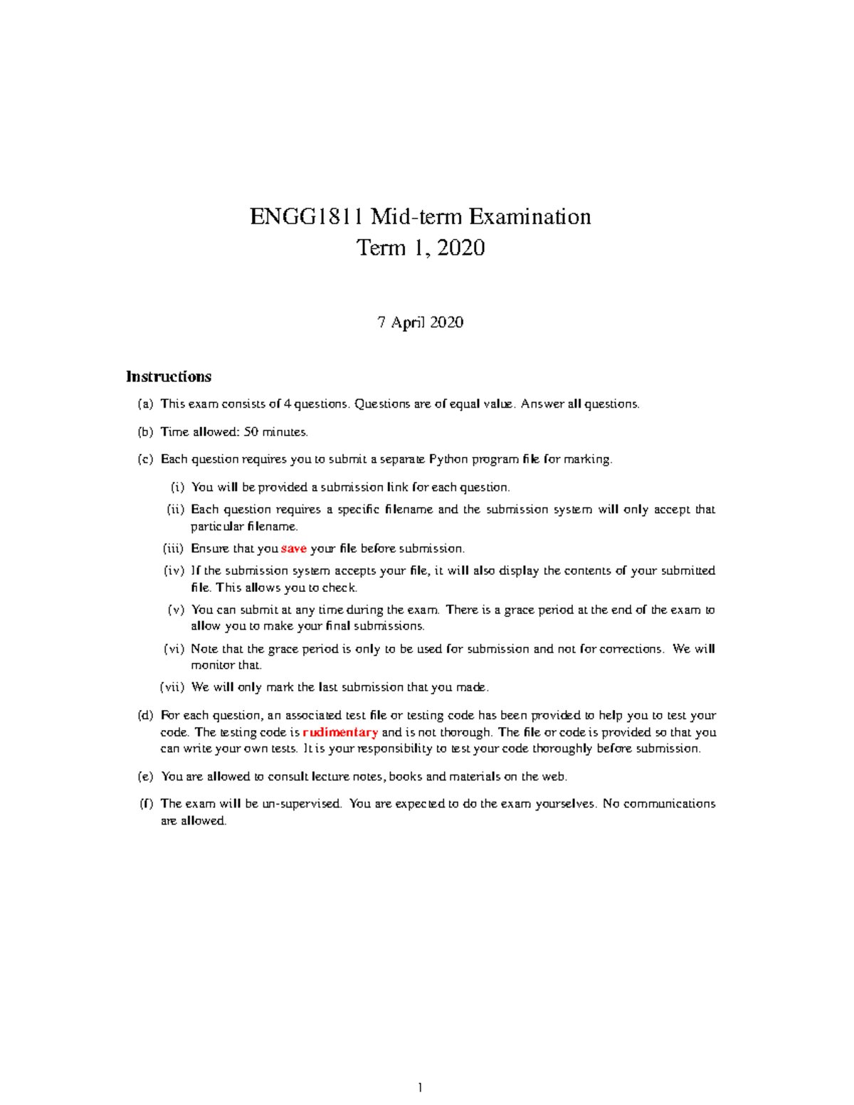 Midterm 2020, questions - ENGG1811 Mid-term Examination Term 1, 2020 7 ...