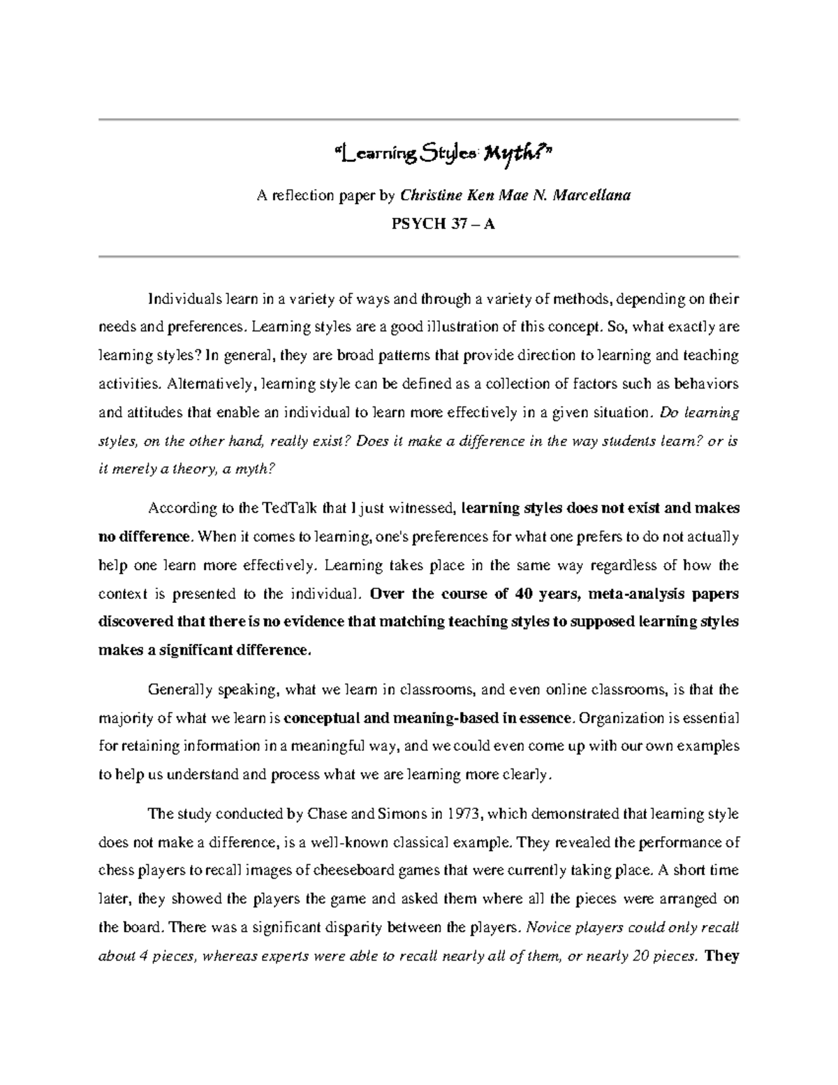 Refelection Paper of Learning Styles (Marcellana) - “Learning Styles ...