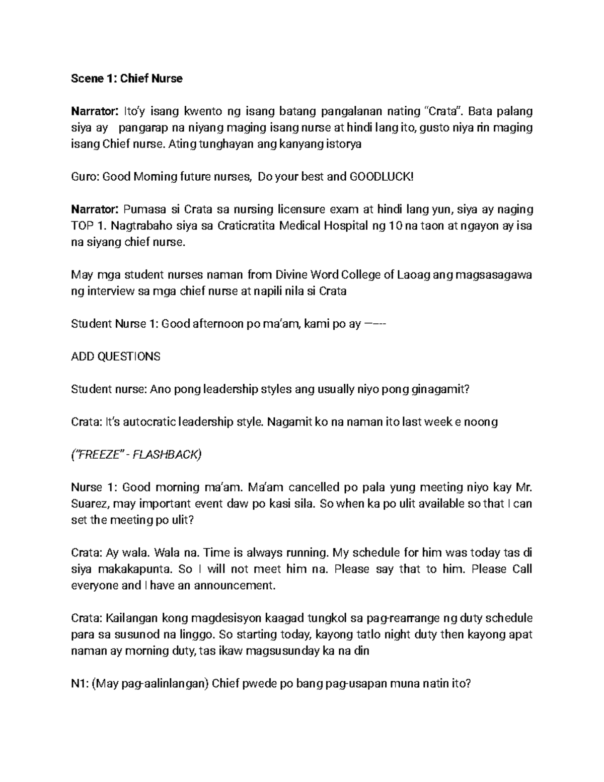 ROLE-PLAY - SCRIPT - Scene 1: Chief Nurse Narrator: Ito’y isang kwento ...
