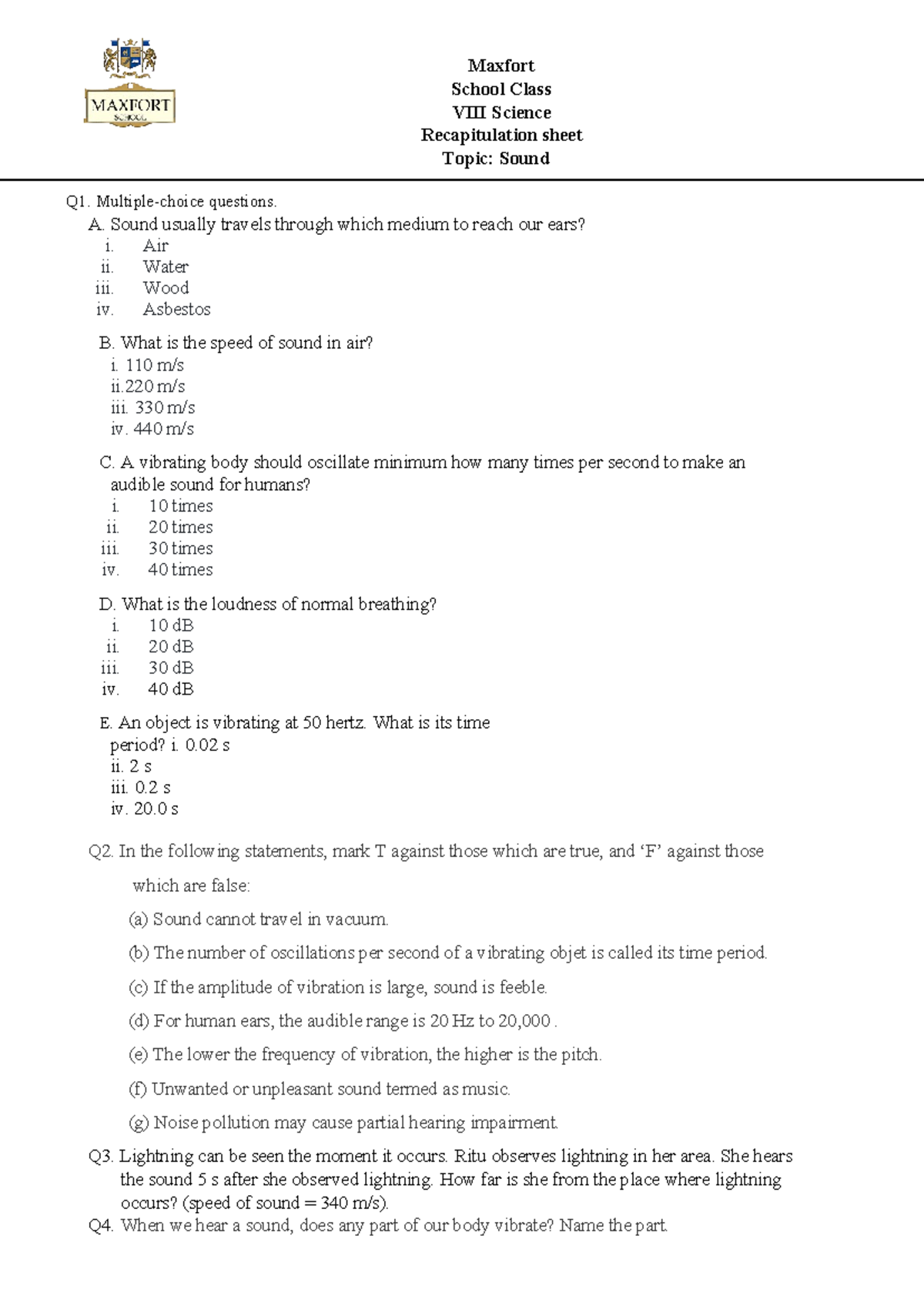Recap sheet sound-converted - Maxfort School Class VIII Science ...