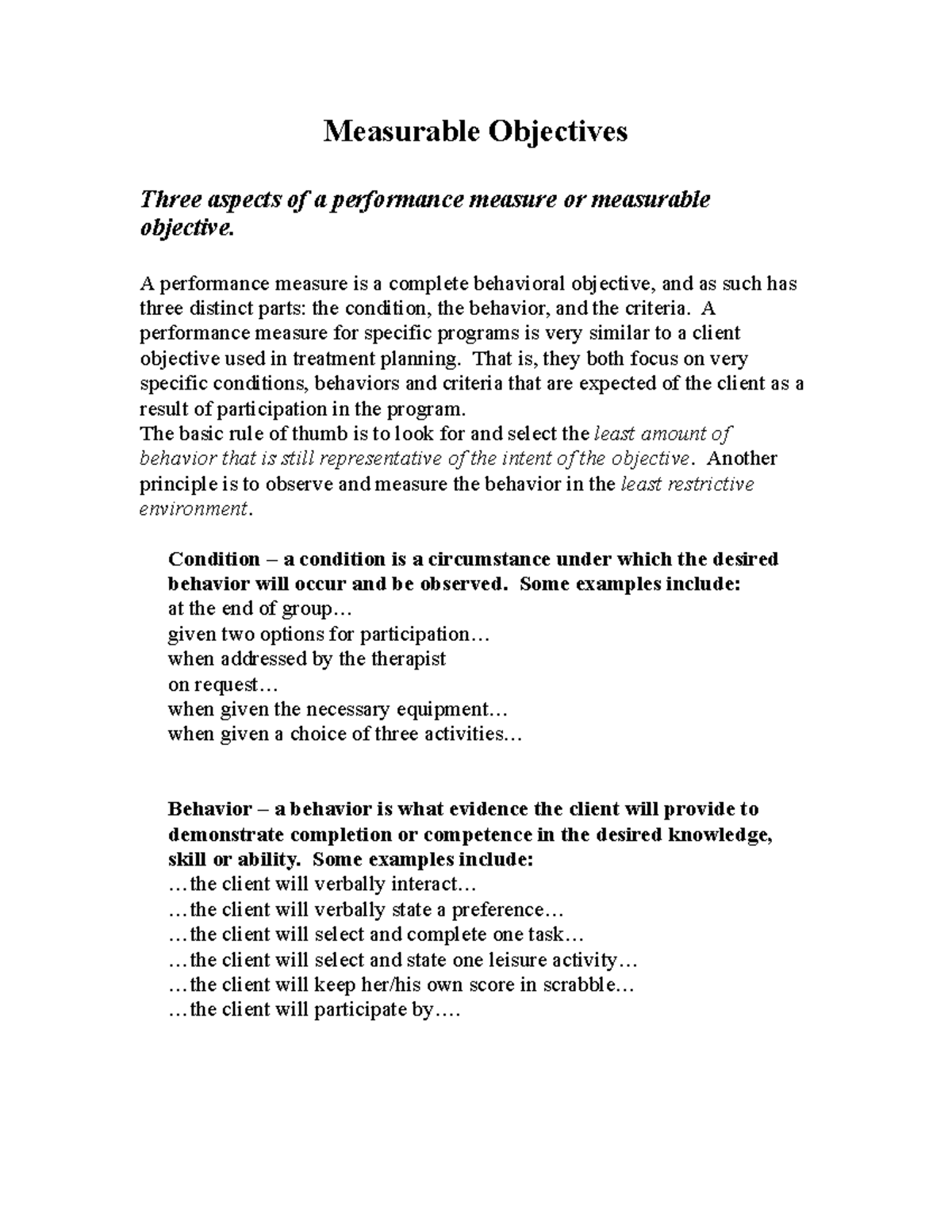 Measureable Objectives - Measurable Objectives Three aspects of a ...